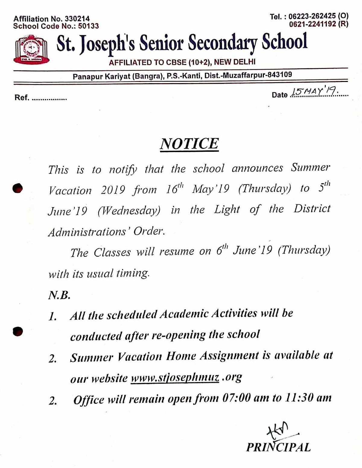 Summer Vacation 2019 20 Notification St Joseph s Sr Sec School